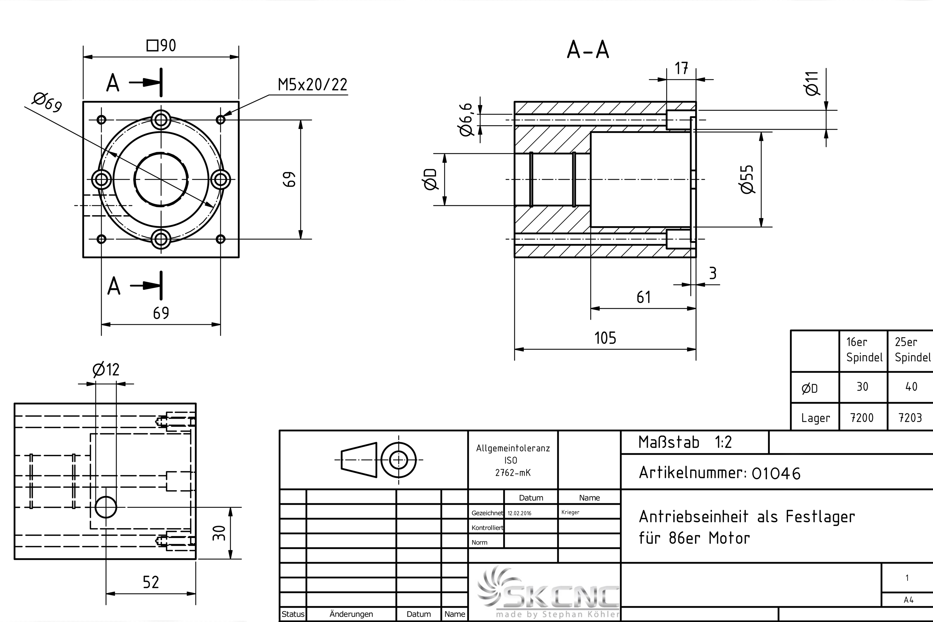 Antriebseinheit als Festlager für 86er Motor für 16 Spindel, inkl ...